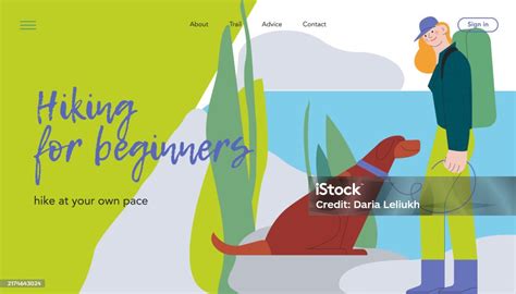 자연 배경에 가죽 끈에 개를 가진 쾌활 한 여성 하이킹 야외 모험 활동적인 관광객 트레킹 및 배낭 여행 현대 벡터 일러스트 레이 션 초보자를 위한 하이킹 랜딩 페이지 웹