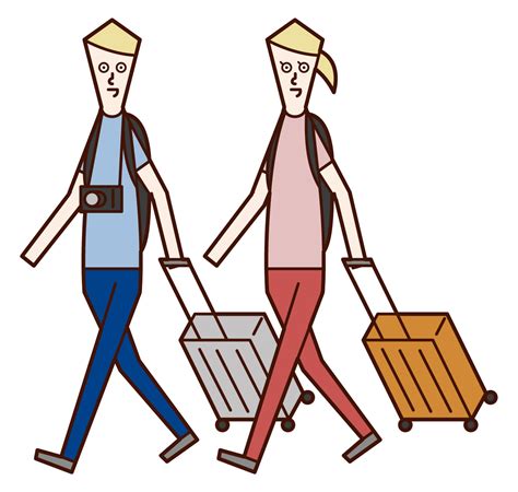 부부가 여행 가방을 들고 여행하는 일러스트 무료 일러스트 소재집 Kukukeke