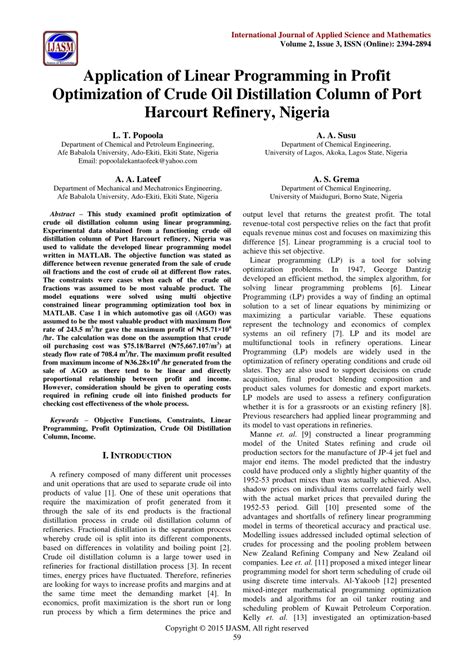 Pdf Application Of Linear Programming In Profit Optimization Of Crude Oil Distillation Column
