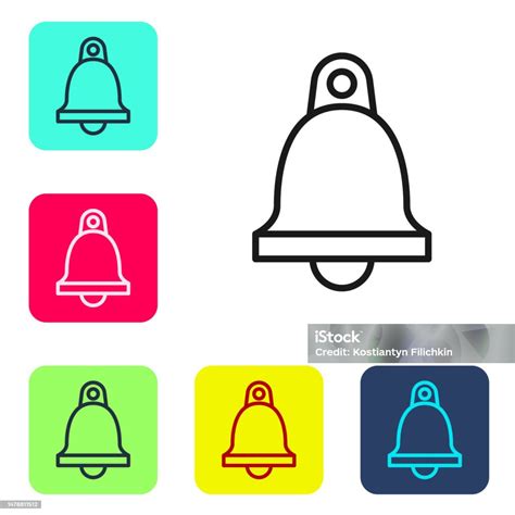 흰색 배경에 격리된 검은색 선 교회 종 아이콘 알람 기호 서비스 벨 핸드벨 기호 알림 기호 색상 사각형 버튼으로 아이콘을