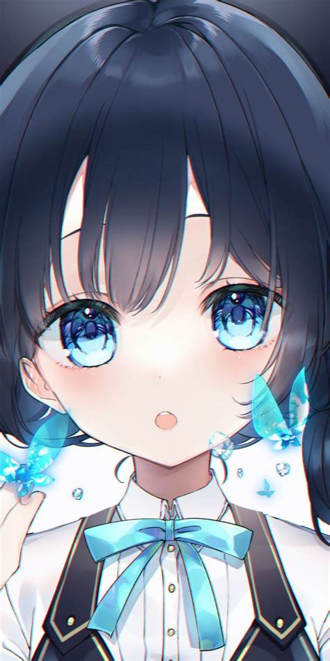 Завантажити шпалери на робочий стіл ПК Аніме Дівчина Чорне Волосся Блакитні Очі Метелик