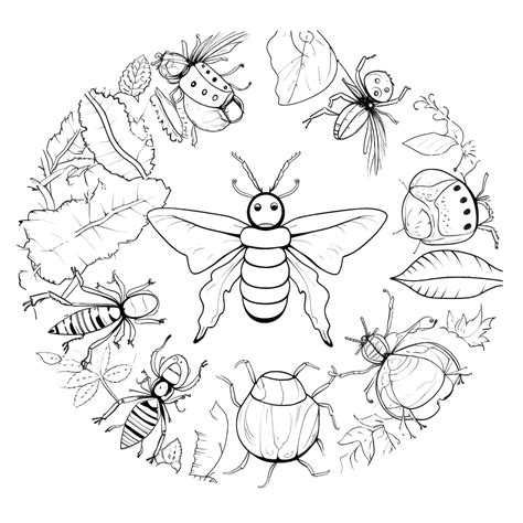 Insect With Spider Grasshopper Ladybug Bee Doodle Coloring Sheet