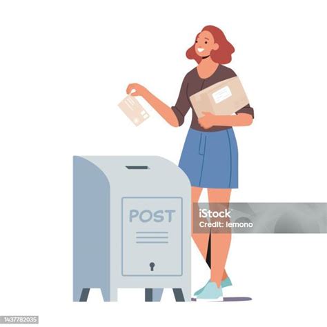 우체국에서 봉투와 상자를 가진 소녀 젊은 여자는 우편함에 카드를 던지는 편지를 보냅니다 우편 서비스 배달 거리에 대한 스톡 벡터 아트 및 기타 이미지 Istock
