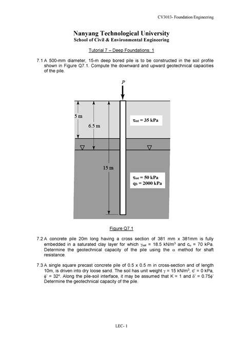 Tutorial Questions Weeks 7 To 9 2020 Nanyang Technological University School Of Civil