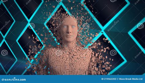 Composition Of Human Bust Formed With Particles Exploding On Green Pattern Background Stock