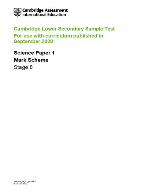 Science Stage 8 Sample Paper 1 Mark Scheme Tcm143 595704 Pdf