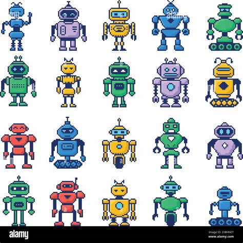 Pixel Art Robots Futuristic Robot 8bit Bot Mascot And Retro Humanoid Cyborg And Android