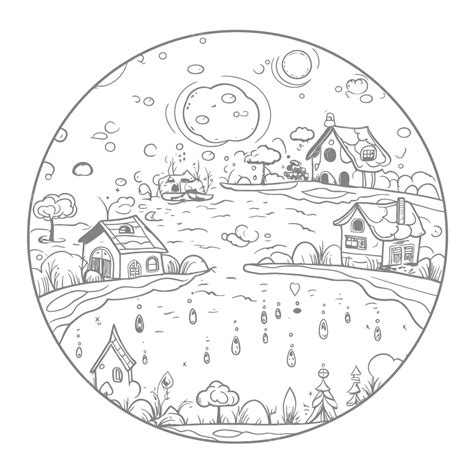 호수 외곽선 스케치 드로잉의 주택을 묘사한 둥근 색칠 페이지의 이미지 벡터 물 순환 그림 물 순환 개요 물 순환 스케치 Png 일러스트 및 벡터 에 대한 무료