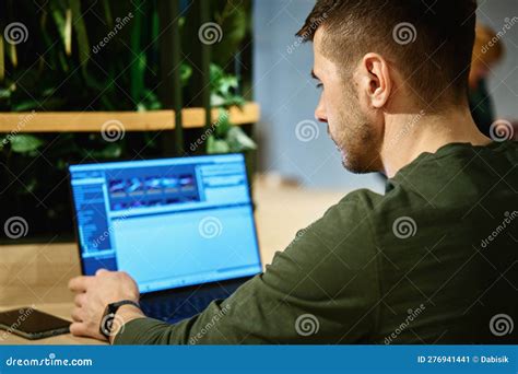 Male Hand Typing On Laptop Keyboard In Cafe Stock Image Image Of Office Casual