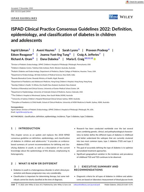 Pediatric Diabetes 2022 Libman Ispad Clinical Practice Consensus Guidelines 2022