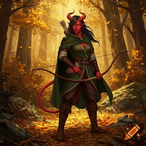 A Red Skinned Tiefling Ranger With Horns And A Tail Holding A Longbow