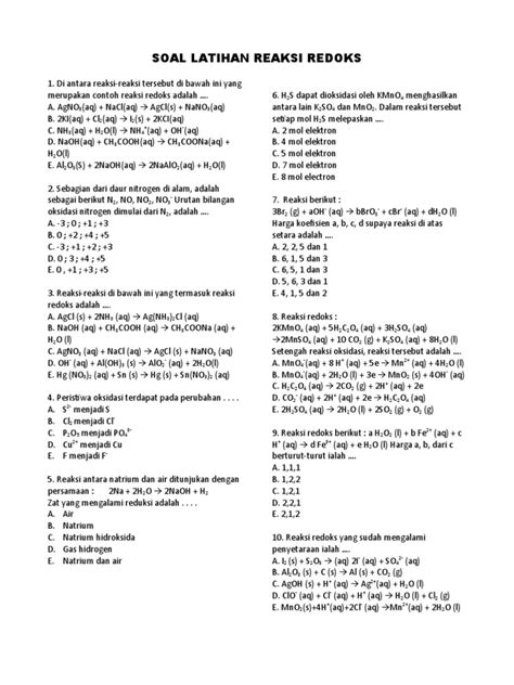 Soal Latihan Reaksi Redoks Pdf