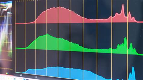 화면의 색상 채점 표시기 그래프입니다 포스트 프로덕션 프로세스에서 모니터의 Rgb 색상 보정 그래픽 바 비디오 또는 필름 제작 처리의 텔레신 스테이지 컬러 컬러 디지털 그