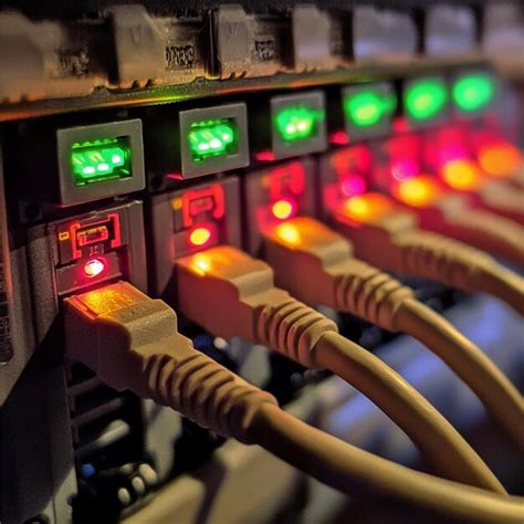 A Closeup Of A Network Switch Showing Connected Ethernet Cables With Glowing Led Indicators