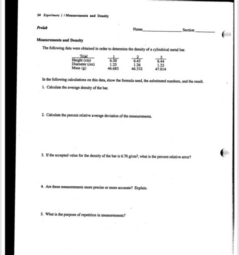 Solved Experiment Measurements And Density Prelab Chegg