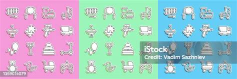 세트 라인 게임 패드 롤러 스쿠터 장난감 트럭 기차 퍼즐 조각 장난감 Whirligig 실로폰과 레이 총 아이콘 벡터 0명에 대한 스톡 벡터 아트 및 기타 이미지 Istock