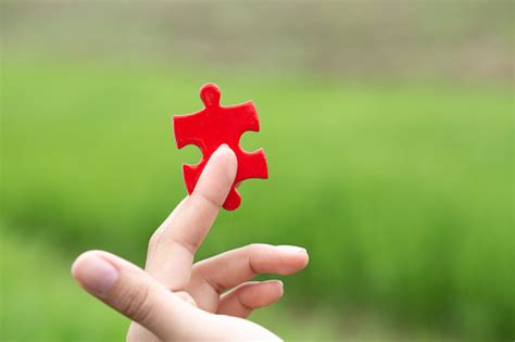빨간 퍼즐 조각 사업가 손 빨간 퍼즐의 조각을 들고 최종 퍼즐 장소를 완료하기위한 비즈니스 개념 녹색 배경 텍스트를 입력할 공간이 있습니다 개념에 대한 스톡 사진 및 기타