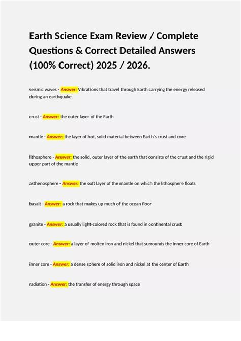 Earth Science Exam Review Complete Questions And Correct Detailed