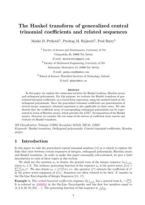 Pdf The Hankel Transform Of Generalized Central Trinomial Coefficients And Related Sequences
