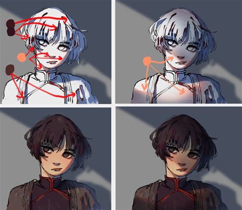 Four Different Images Of A Woman With Short Hair And Red Lines On Her Face In The Process Of