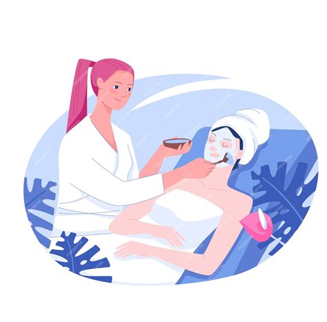 클라이언트 미용실 Spa 웰빙 미용에 페이셜 마스크를 적용하는 미용사 프리미엄 벡터