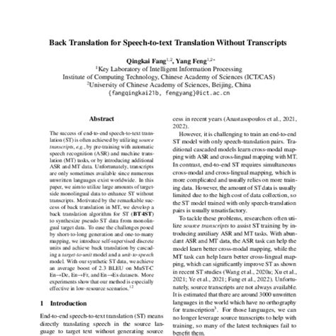 Back Translation For Speech To Text Translation Without Transcripts Acl Anthology