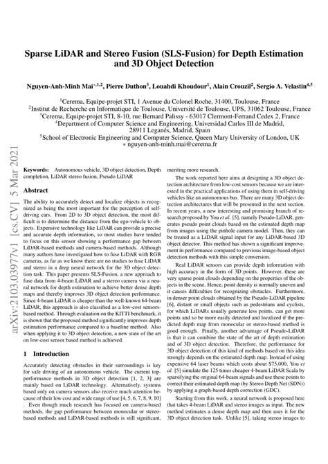 Pdf Sparse Lidar And Stereo Fusion Sls Fusion For Depth Estimation
