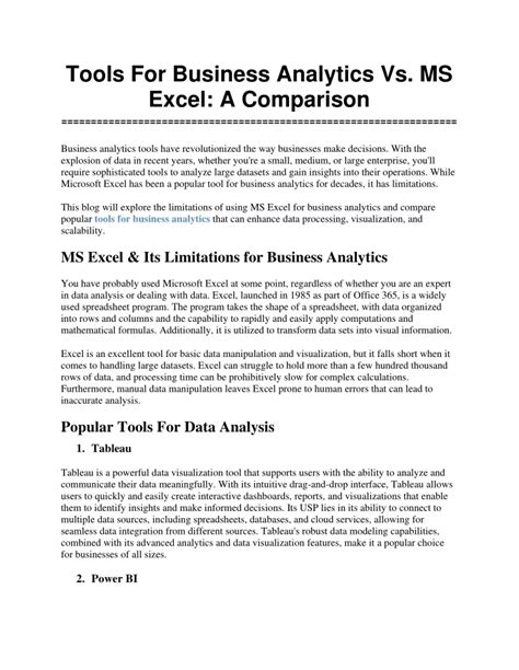 Ppt Tools For Business Analytics Vs Ms Excel A Comparison