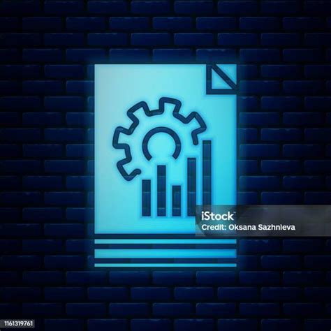 벽돌 벽 배경에 격리 된 그래프 차트 아이콘이있는 빛나는 네온 문서 텍스트 파일 아이콘을 보고합니다 회계 기호입니다 감사 분석