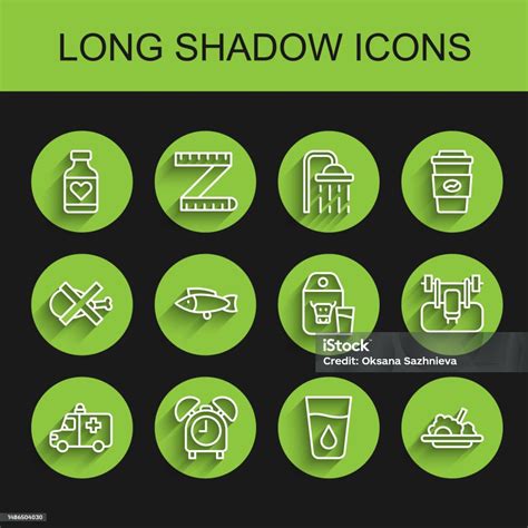 구급차와 응급 차량 알람 시계 비타민 알약 물 유리 건강 식품 물고기 벤치 바벨 및 우유 아이콘에 대한 종이 패키지를 설정합니다