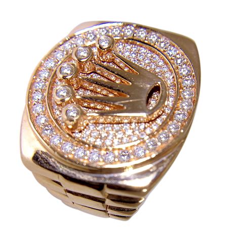 14 Kt Rose Gold Crown Rolex Design Ring With Round Diamonds 30 Ct