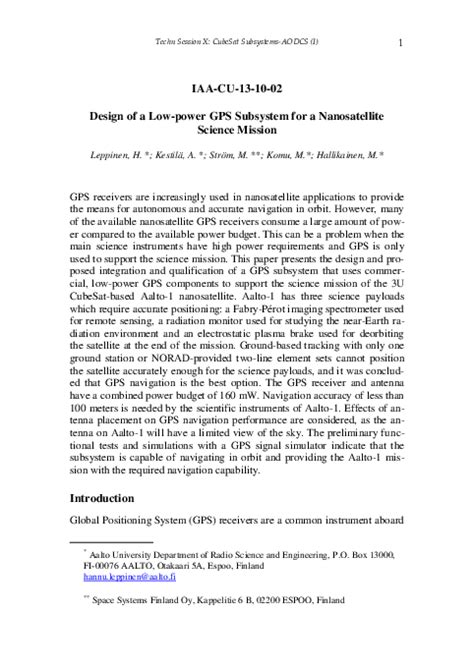 Pdf Design Of A Low Power Gps Subsystem For A Nanosatellite Science Mission