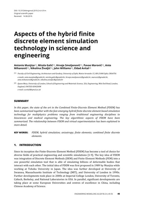 Pdf Aspects Of The Hybrid Finite Discrete Element Simulation Technology In Science And Engineering