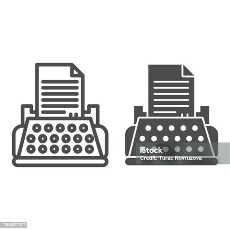 정의 타자기 라인과 단색 아이콘입니다 법원 로그 기계 법학 디자인 개념 흰색 배경에 윤곽 스타일 픽토그램 웹 및 응용 프로그램에