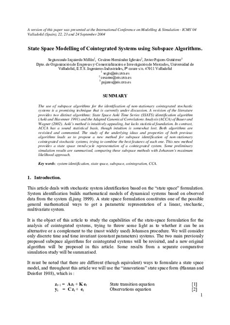 pdf state space modelling of cointegrated systems using subspace