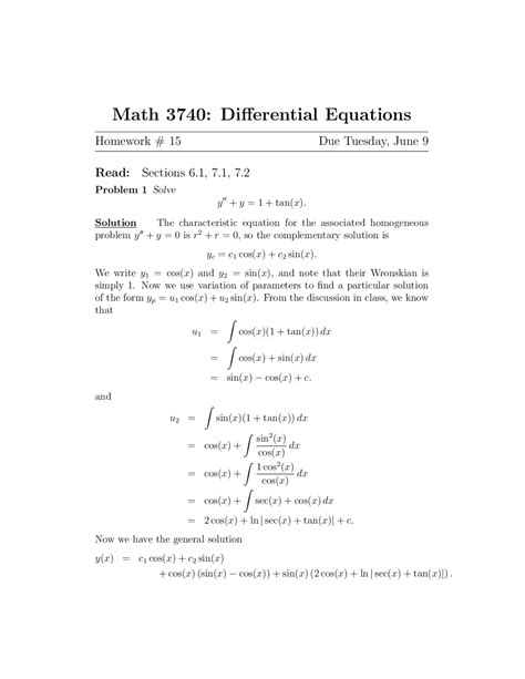 Homework 15 With Solutions Differential Equations And Linear Algebra Math 3740 Docsity