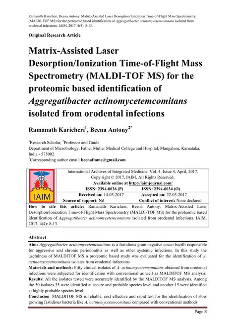 Maldi Tof Ms For The Proteomic Based Identification Of Aggregatibacter Actinomycetemcomitans