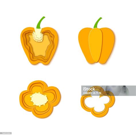 종이 세트는 노란 후추를 잘라 벡터 종이 는 식품 포장의 디자인을위한 달콤한 오렌지 고추의 형태로 디자인을 잘라 벡터 그림입니다