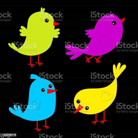 새 세트 아이콘입니다 귀여운 카와이 만화 재미있는 아기 캐릭터 조류 수집 장식 요소 노래 부르기 비행 식사 평면 디자인 격리 검은 배경 패턴에 대한 스톡 벡터 아트 및 기타