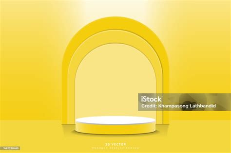사실적인 노란색과 흰색 3d 무대 실린더 받침대 연단이 있는 3d 스튜디오 룸은 3개의 아치 모양을 배경으로 제품 전시를