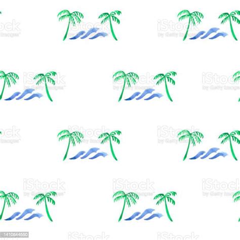흰색 배경에 녹색 손바닥과 바다 파도가있는 수채화 이음새가 없는 패턴 0명에 대한 스톡 벡터 아트 및 기타 이미지 0명 드로잉 메뉴판 Istock