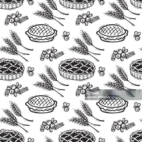 벡터 음식 배경입니다 원활한 패턴 손으로 그린 낙서 달콤한 파이 딸기 계 피 스틱 밀의 귀 휴일 요리입니다 적갈색 또는 Lingonberry 파이입니다 행복 한 추수 감사절