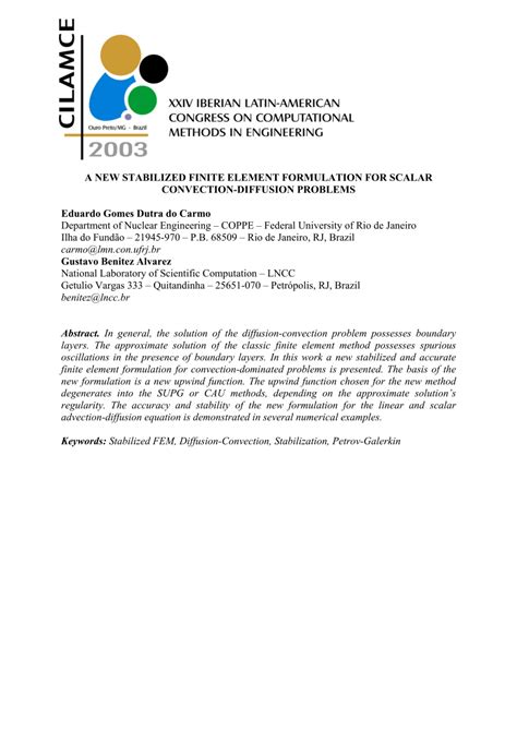 Pdf A New Stabilized Finite Element Formulation For Scalar Convection