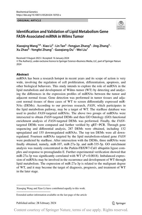 Identification And Validation Of Lipid Metabolism Gene Fasn Associated
