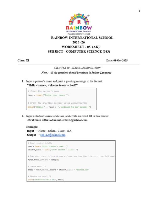 Python String Manipulation Worksheet Pdf