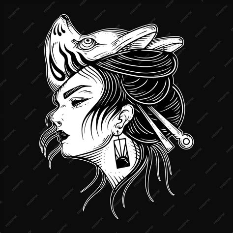 다크 아트 일본 소녀 장미 게이샤 여자 해골 마스크 문신 전통적인 그림 프리미엄 벡터