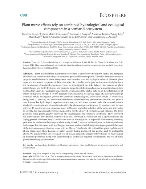Pdf Plant Nurse Effects Rely On Combined Hydrological And Ecological Components In A Semiarid