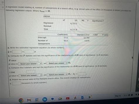solved a regression model relating x number of salespersons