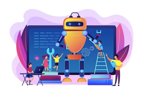 Crianças programando e criando robôs em sala de aula gente pequena