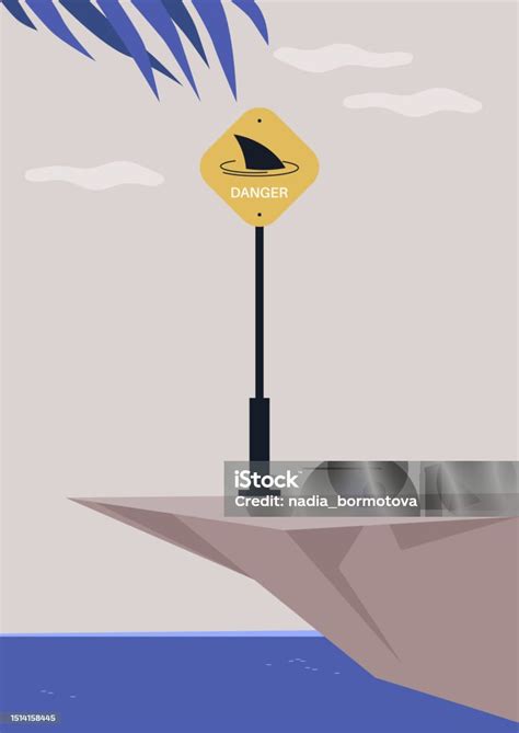 아름다운 바다 전망과 상어 지느러미를 나타내는 주의 도로 표지판이 있는 절벽 나무 기둥에 대한 스톡 벡터 아트 및 기타 이미지 나무 기둥 바다 가장자리 Istock